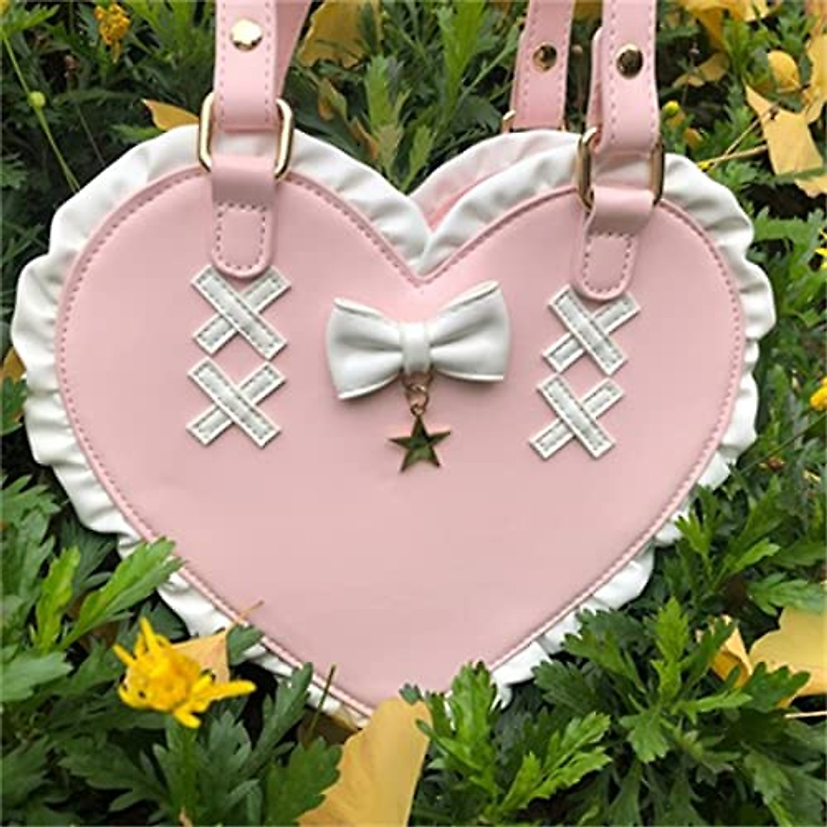 Kawaii Bowknot Heart Shaped Purses Cute Handbags Women Lolita Stitching Color Shoulder Bags (Pink)