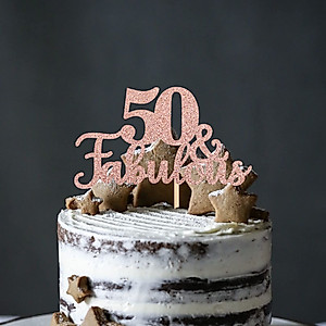 1 PCS 50 & Fabulous Cake Topper Glitter Fifty and Fabulous Cake Toppers Happy 50th Birthday Cake Pick for 50th Wedding Anniversary Birthday Party Cake Decorations Supplies Rose Gold