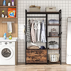 LITTLE TREE Freestanding Closet Organizer, Clothes Rack with Drawers and Shelves Heavy-Duty Garment Rack Wardrobe Closet Clothing Storage Organizer for Bedroom, Rustic Brown