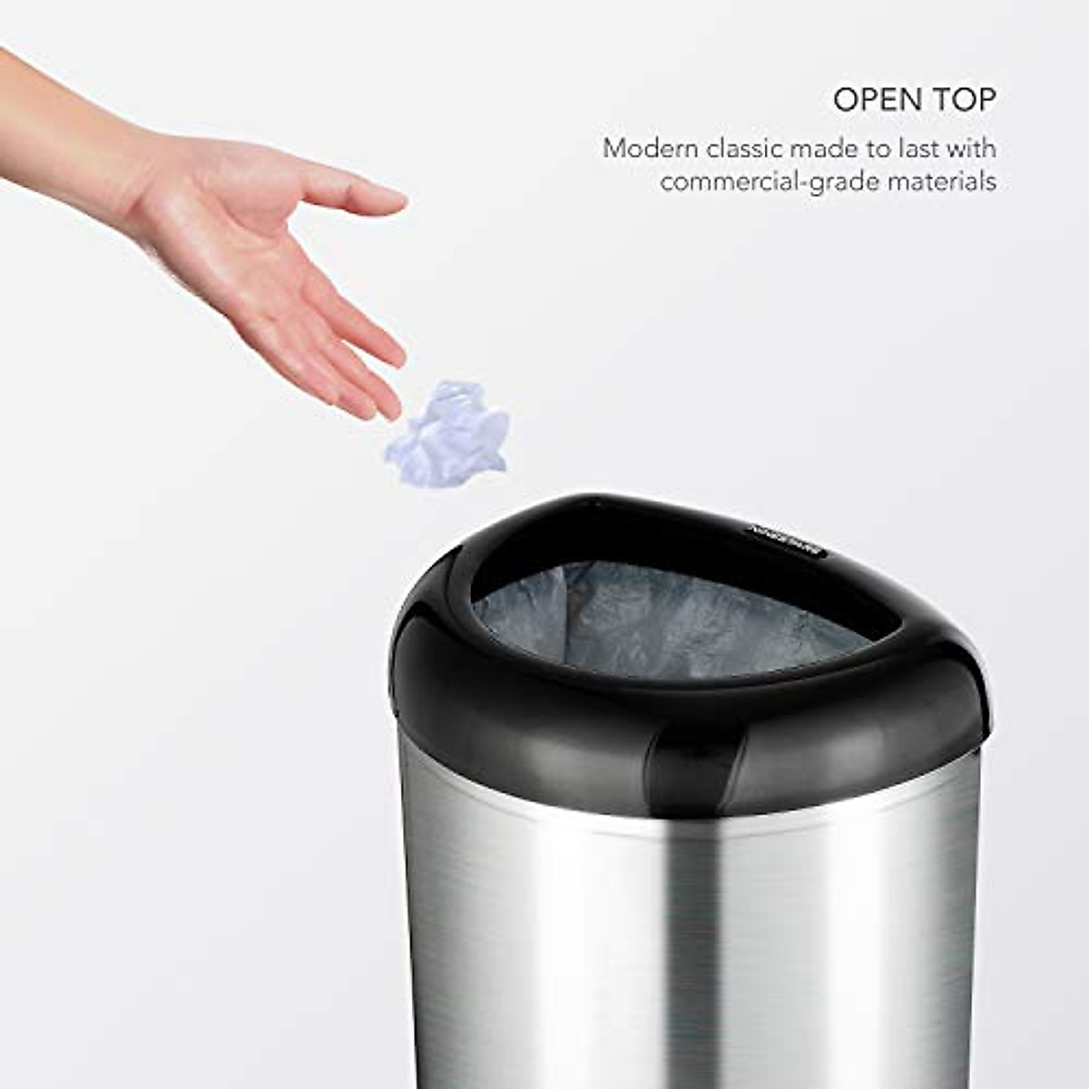 NINESTARS OTT-50-19BK Open Top Office Bathroom Trash Can, 13 Gal 50L, Stainless Steel Base (D Shape, Black Lid)