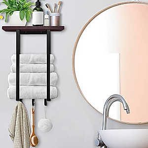 Towel Rack for Bathroom Towel Holder with Wooden Shelf and 3 Hooks Wall Mounted Towel Hanger Storage Organizer for Rolled Towels RV Metal Matte Black