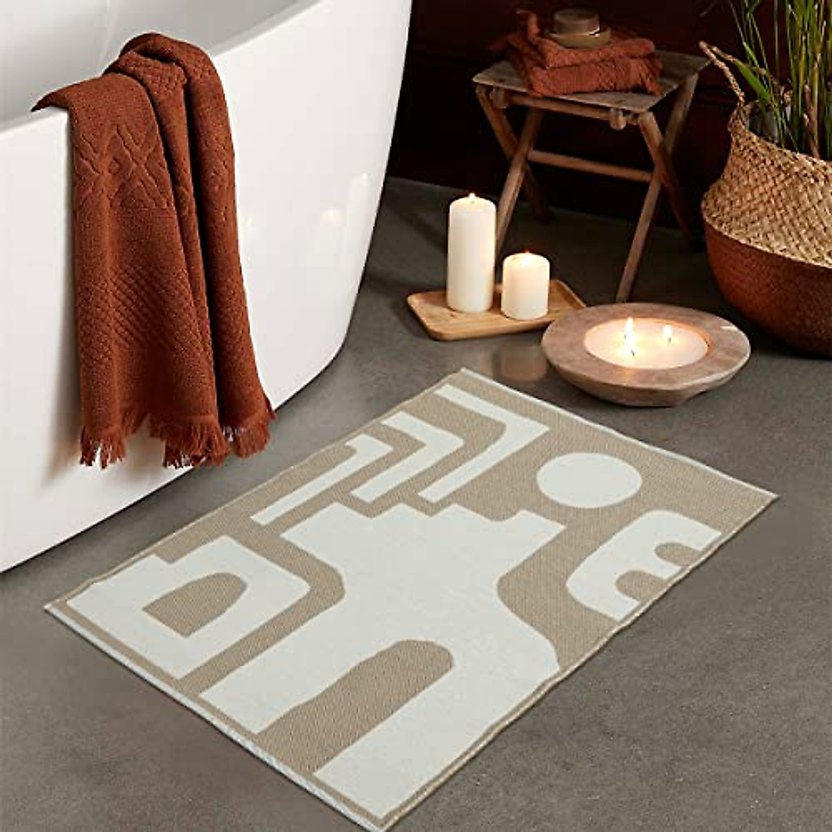 LIVEBOX Abstract Geometric Rug 2' x 3' Washable Small Bathroom Rugs Modern Khaki Cotton Woven Door Mat Concise Reversible Carpet for Bedroom Hallway Entryway Laundry Room