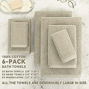 VOOVA & MOVAS Towels for Bathroom,6 Pieces Gift Set,100% Cotton | Large | Soft | Quick Dry, 2 Bath Towels 30×56inch, 2 Hand Towels 18×28, 2 Wash Cloths 13×13,Dorm Room Essentials, Light Tan | Beige