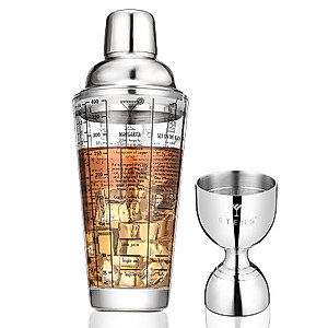 Etens Glass Cocktail Shaker and Bell Jigger Bundle, 14oz Clear Martini Shaker with Recipe / 1oz 2oz Measure Double Jigger