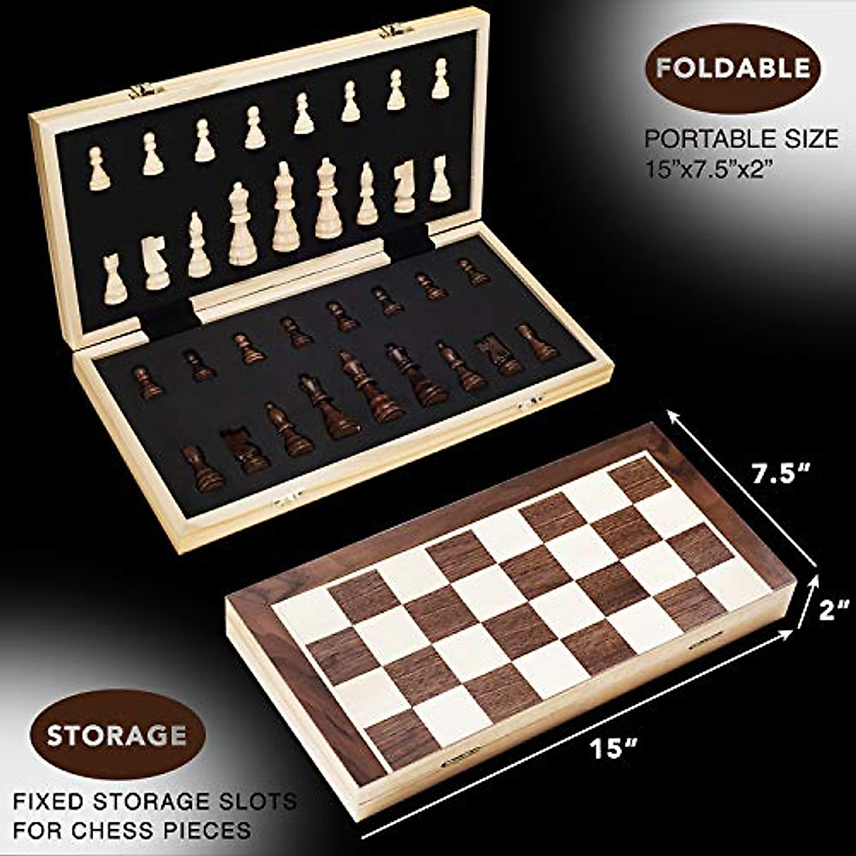 AMEROUS 15 Inches Magnetic Wooden Chess Set - 2 Extra Queens - Folding Board, Handmade Portable Travel Chess Board Game Sets with Game Pieces Storage Slots - Beginner Chess Set for Kids, Adults