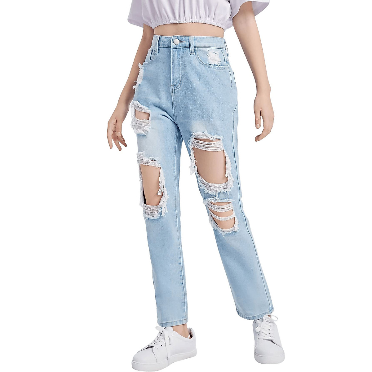 SweatyRocks Teen Girl's High Waisted Straight Leg Ripped Jeans Washed Denim Pants with Pockets Light Wash 8-9Y