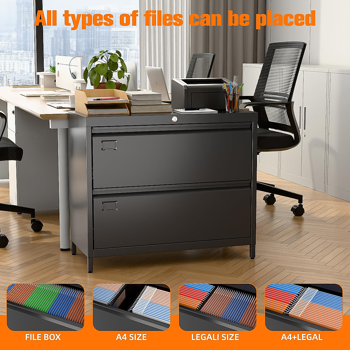 GangMei Metal Lateral File Cabinet with 2 Drawers, Wide Lateral Filing Cabinet with Lock for Hanging Files Letter/Legal/F4/A4 Size for Home Office School, Black, Assembly Required