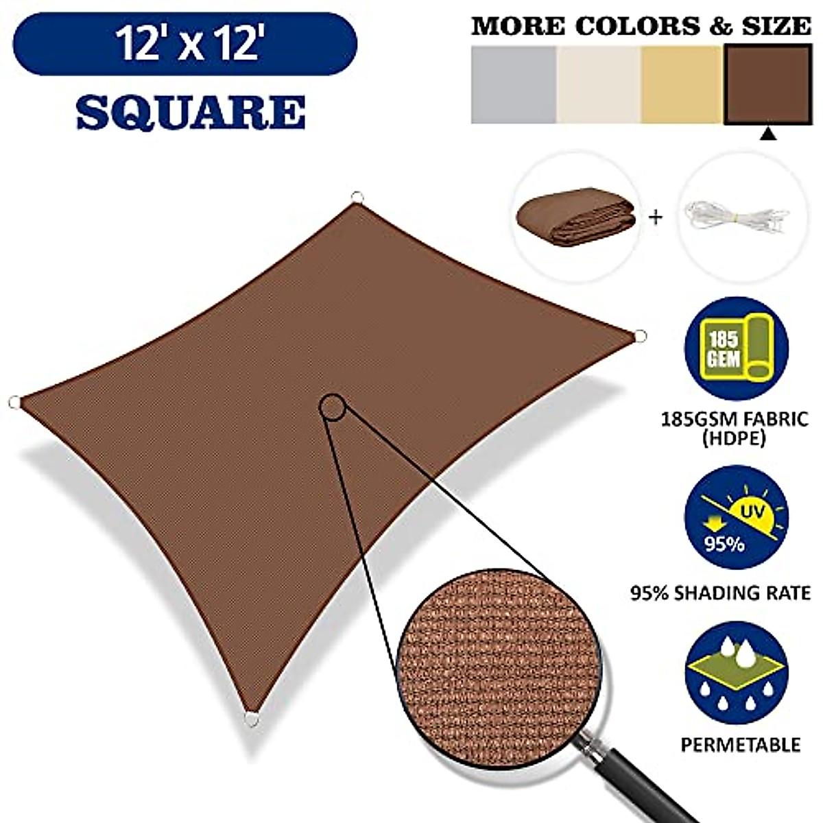 Yardmaker Sun Shade Sail Canopy Square 12'x12' Outdoor Shade sail for Patio Backyard Garden, Brown
