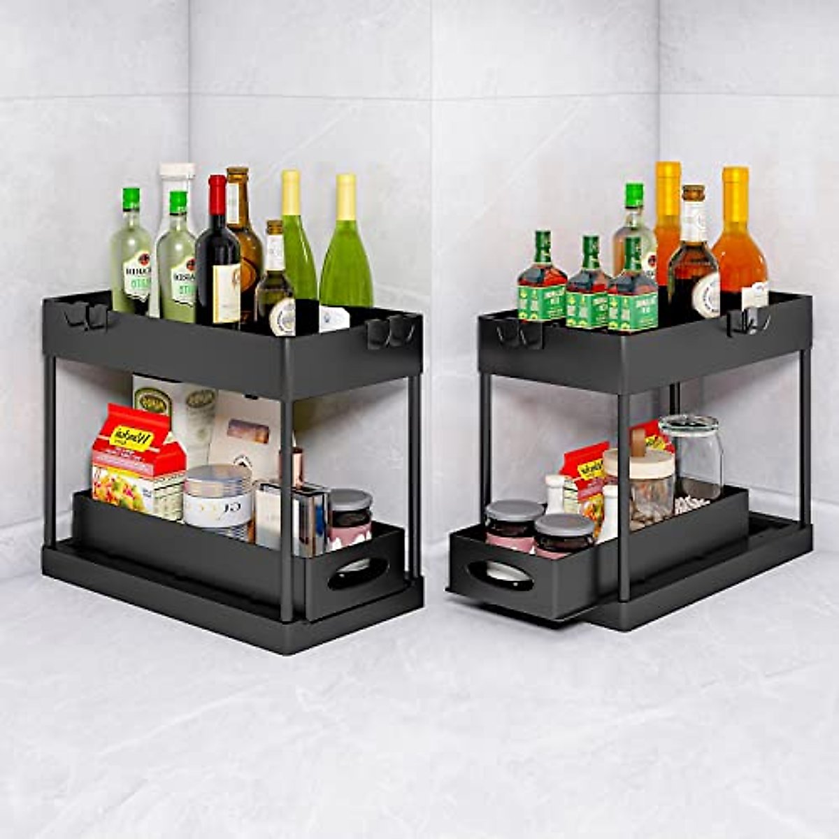 KMIGRUAN Under Sink Organizers and Storage,2 Tier Kitchen and Bathroom Organizer Under Sink Shelf，Multi-function with Hook Under Cabinet Organizer