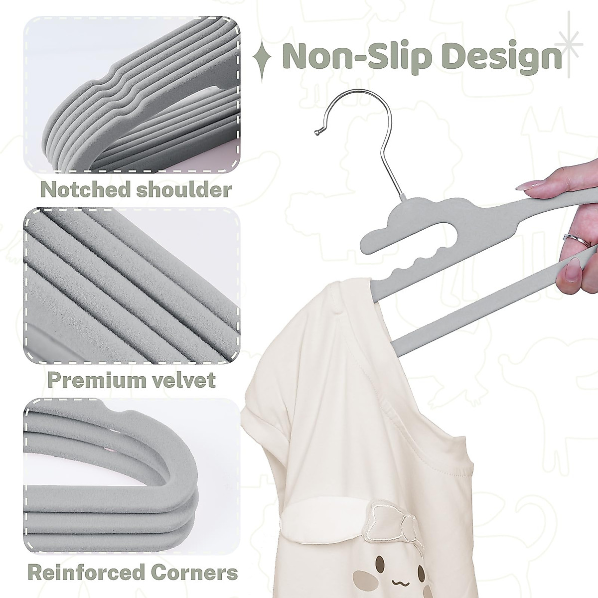 HOUSE DAY Premium Baby Velvet Hangers 50 Pack for Kids, Non Slip Baby Clothes Hangers for Closet, 11 Inch Children's Hanger Space Saving on Baby Organization, Gray