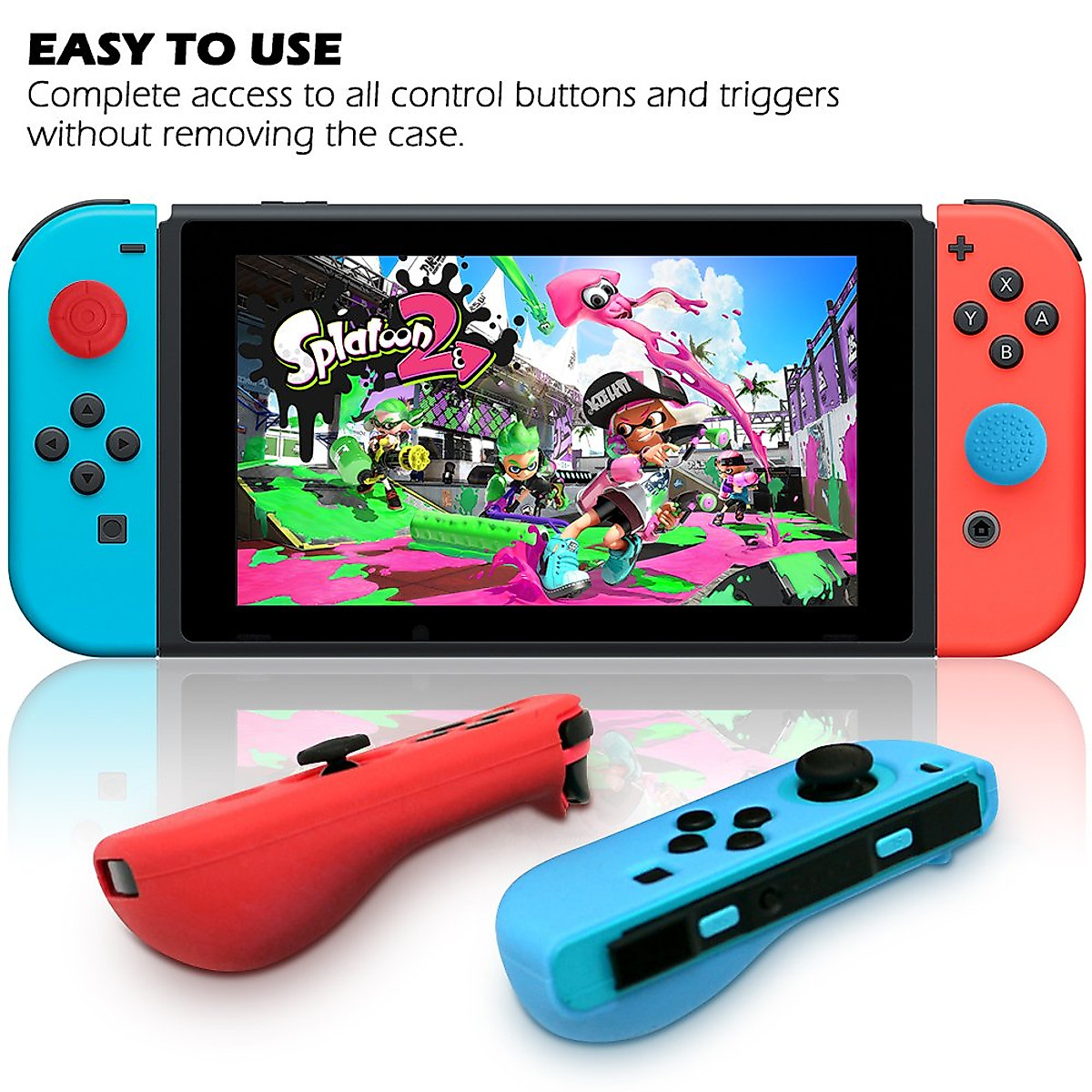 Protective Case Compatible with Nintendo Switch Joy-Con Controller with Thumb Caps, SENHAI 2 Pack Anti-Slip Silicone Grips Covers with 16 Thumb Stick Pads - Black, Blue + Red