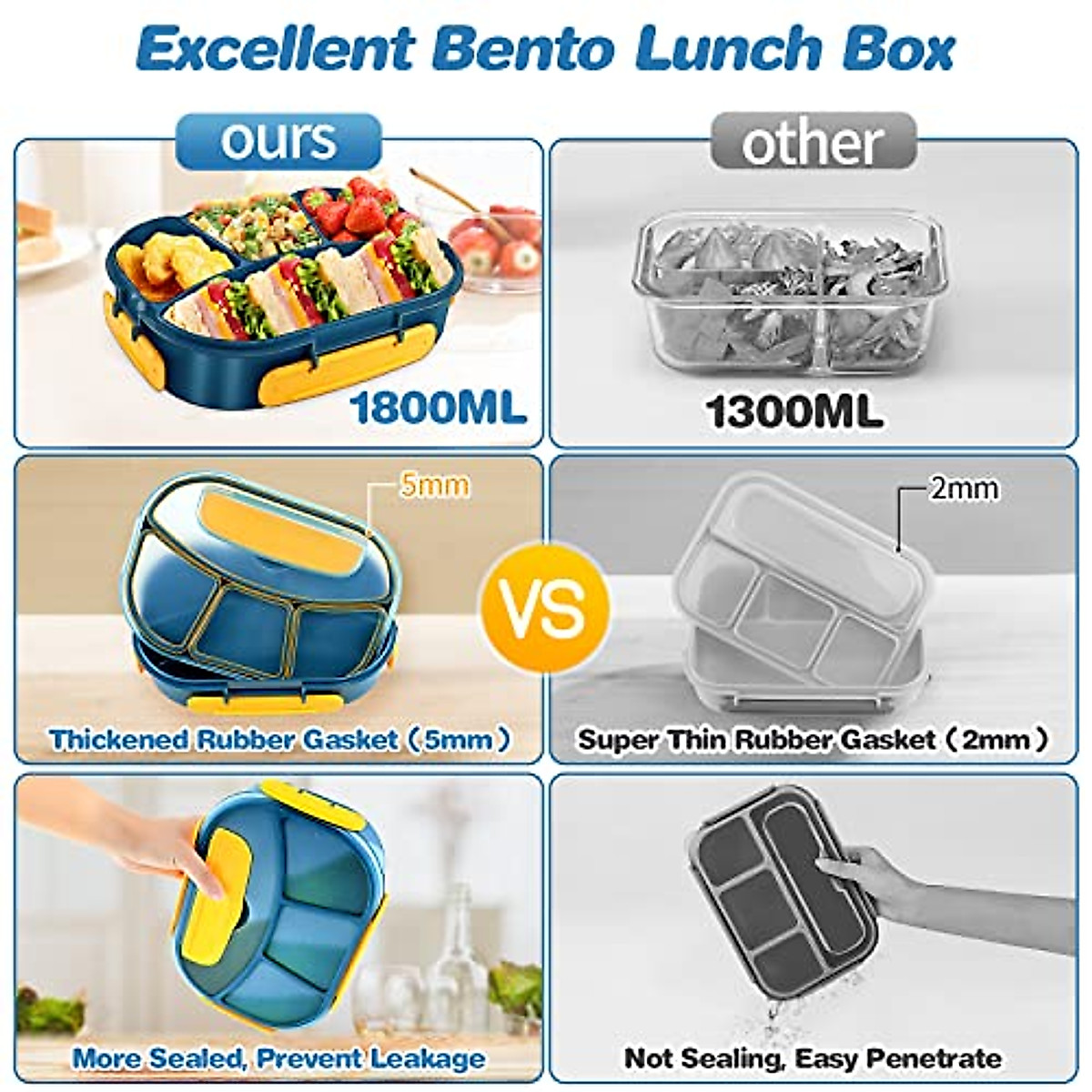 Tsmsv 1800ML Bento Box Adult Lunch Box,Adult Bento Box,Lunch Box Containers,Lunch Containers for Adults,Bento Boxes,Bento Lunch Box for Adults,Bento Box Accessories with Fork,Cake Cups,Sauce Cup-Blue