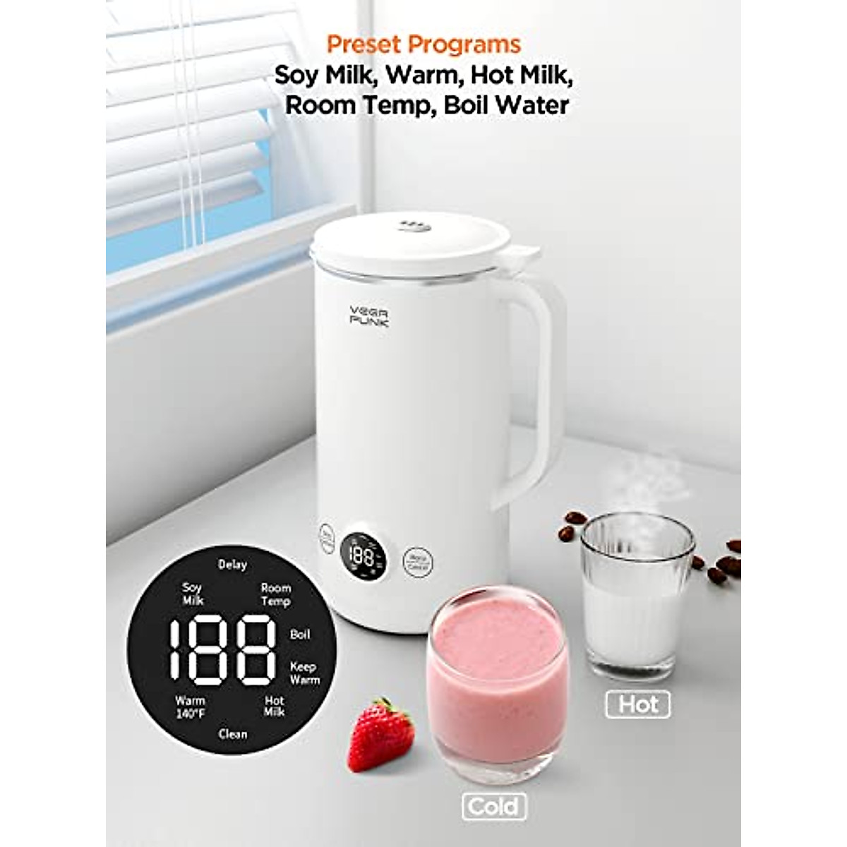 VEGAPUNK Nut Milk Maker Machine 20oz - Smart Automatic Cold and Hot Dairy Free Soybean/Oat/Coconut/Soy Milk Maker Machine with Filter Bag - Plant Based Almond Cow Milk Machine Maker for Vegan