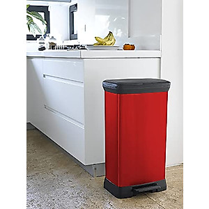 CURVER Metal Effect Kitchen One Touch Deco Bin, Red, 50 Litre