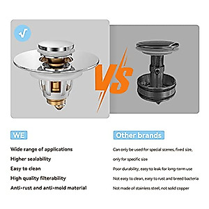 Sink Plug, 1.02-1.96 inch Universal Pop-Up Valve Sink Drain Plug Full Metal Plug with Anti Clogging Strainer and 2 Seals for Sinks and Washbasin with Drain Hole Diameter (G1125)