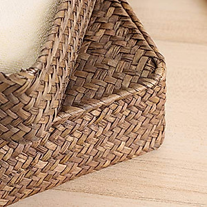 Hipiwe Set of 2 Flat Woven Wicker Storage Bins with Lid Natural Seagrass Basket Boxes Multipurpose Home Organizer Bins Boxes for Shelf Organizer (Coffee)