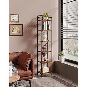 Hzuaneri Bookcase Bookshelf, Narrow Book Shelf, Industrial Corner Shelf Storage Organizer, Slim Shelving Unit for Home Office, Living Room, Bedroom, Kitchen, 6-Tier Rustic Brown and Black BC24601B