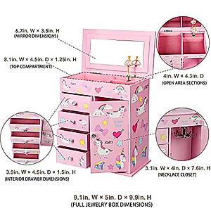 efubaby Upgrade Jewelry Box for Girls 5-Layer with Swing Door Spinning Ballerina Unicorn &Castle Design Unicorn Jewelry Set Included Kids Jewelry Box for Little Girls Birthday Valentine Gift Pink