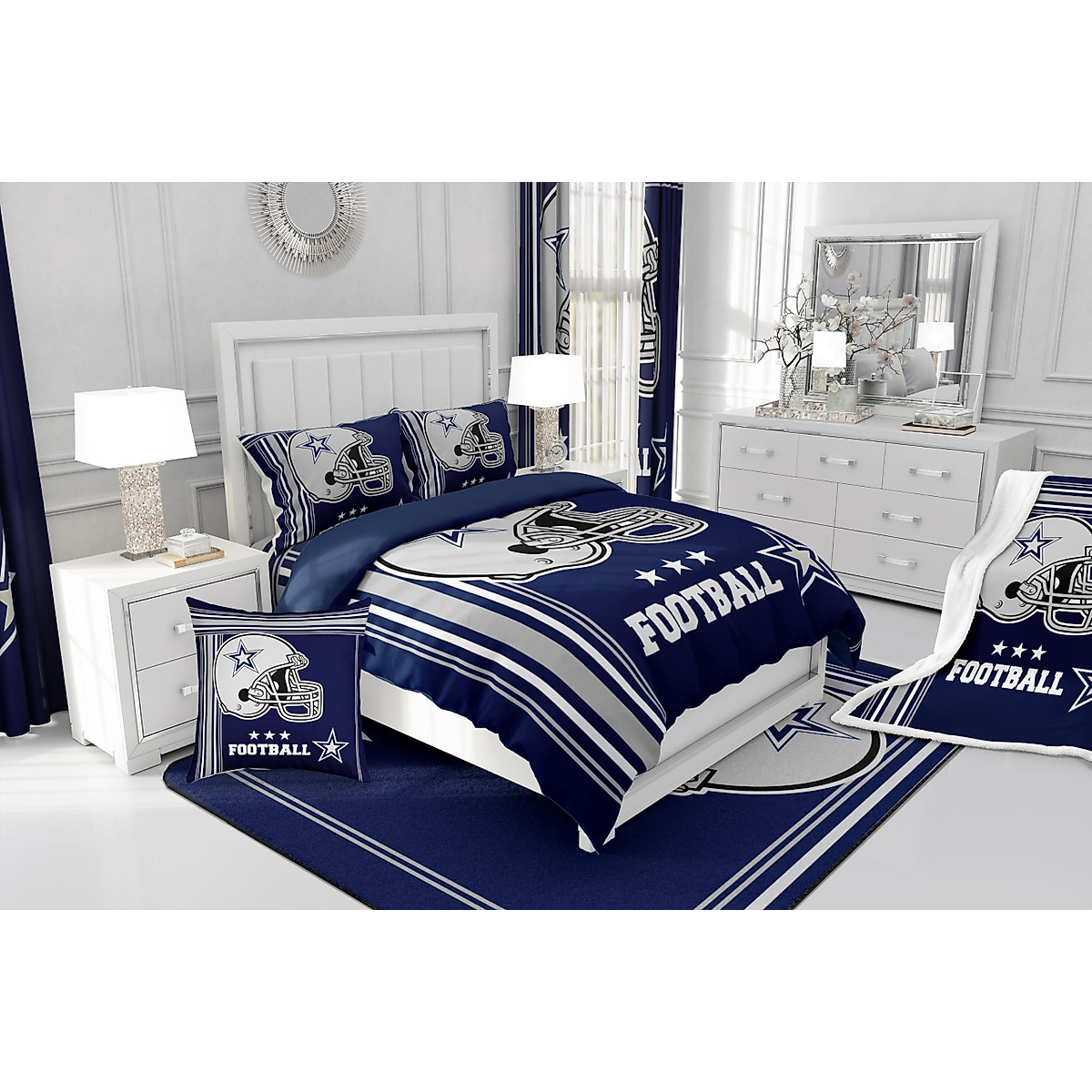 American Football Duvet Cover Set King Size,Western Texas Star Cowboy Football Sports Bedding Set,Boys Men Room Decor,Rugby Helmet Geometric Stripes Comforter Cover,Blue Quilt Cover,2 Pillowcases