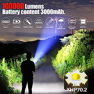 igokqsdg Torce LED High Lumen Ricaricabili, 250000 Lumen XHM77.2 Flash Super Luminoso USB, Torcia Portatile Ad Alta Potenza, Torcia Potente Impermeabile per Campeggio di Emergenza
