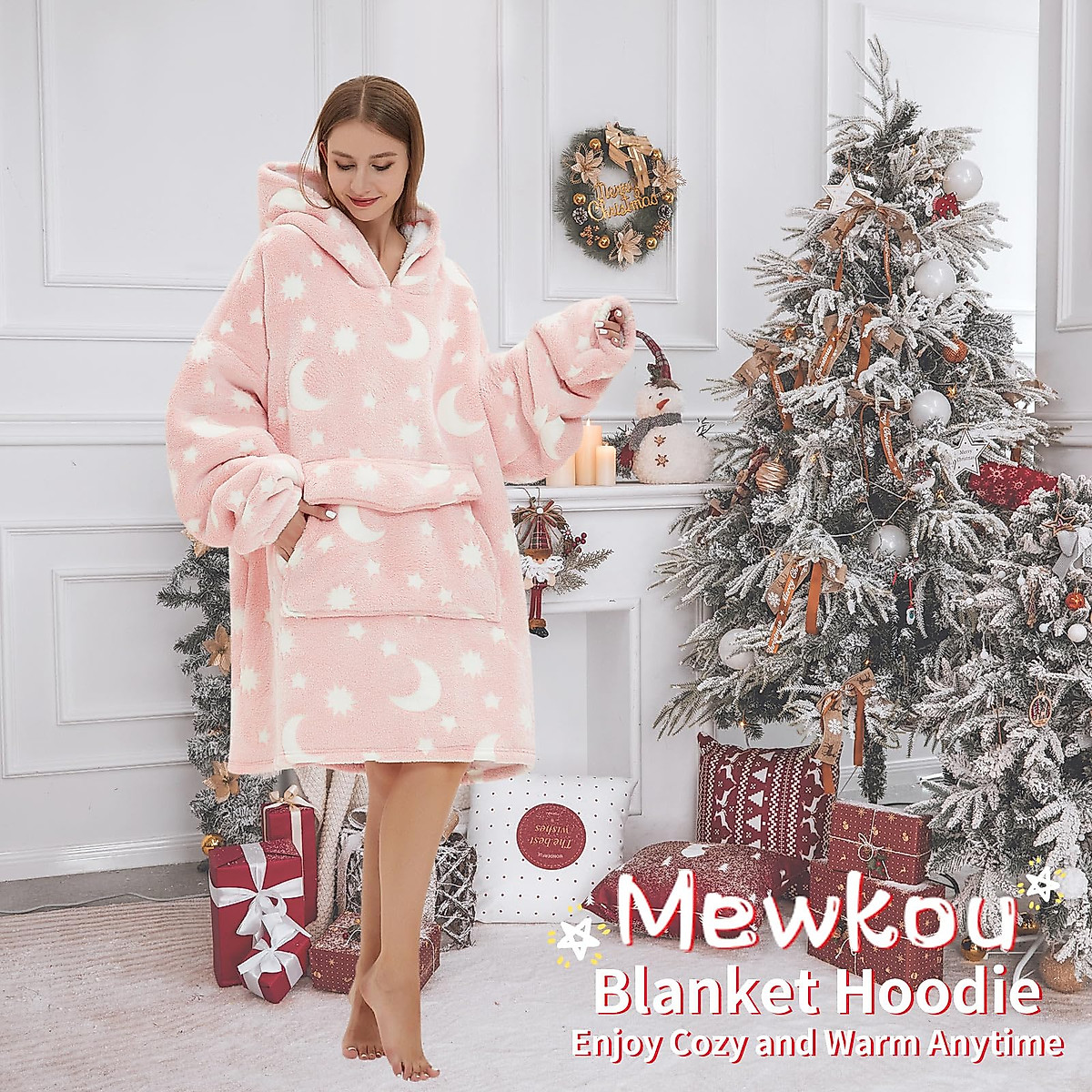 Glow in The Dark Wearable Blanket Hoodie for Adult,Oversized Sherpa Fleece Blanket Hoodie for Women Men,Luminous Moon and Stars