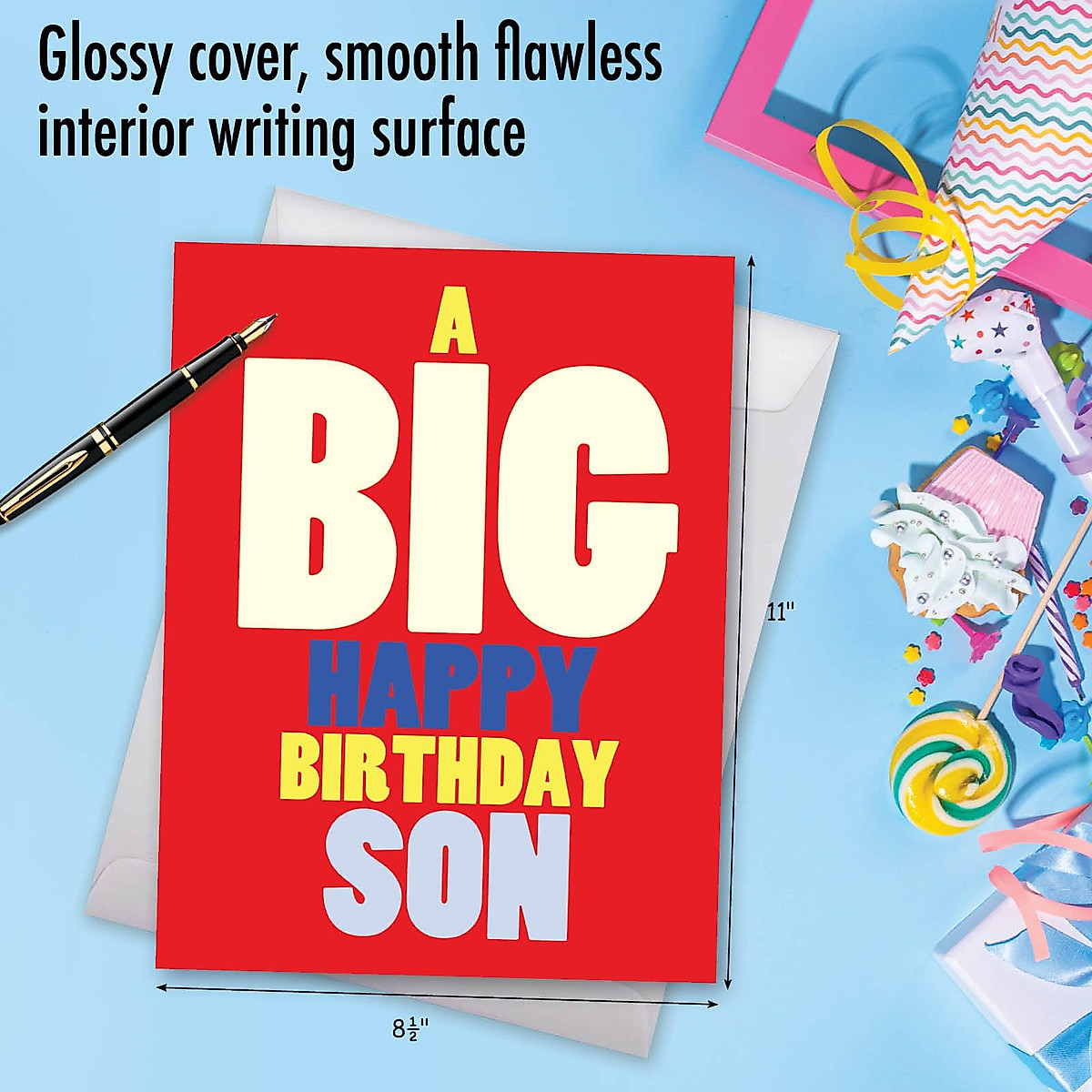 NobleWorks - 1 Large Birthday Greeting Card (8.5 x 11 Inch) - Fun Bday Celebration, Stationery Notecard - Big HB Son J6349BDG