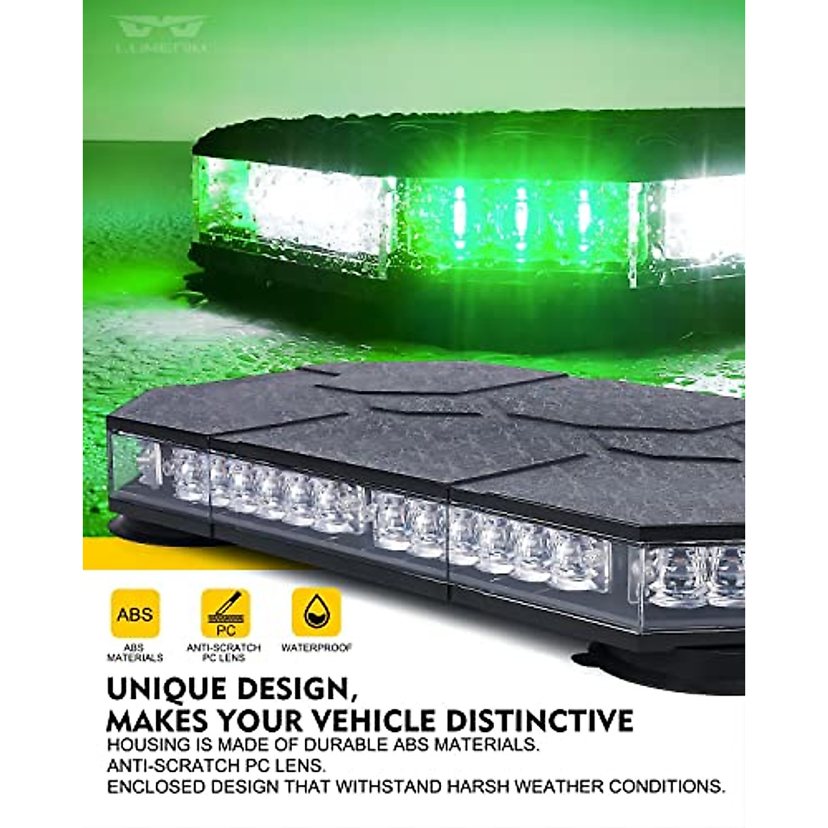 LUMENIX LED Rooftop Strobe Beacon Lights Magnetic Mount Emergency Traffic Security Warning Caution Flashing Plow Light Bar, for Construction Vehicles Tow Trucks Snowplow Postal Cars White/Green