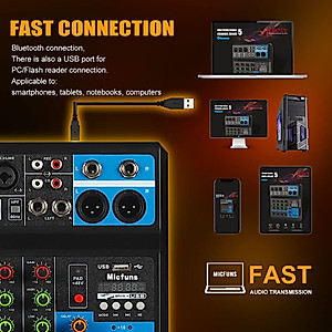 Mini audio DJ mixer Sound Board Console System,5 Channel 48V Phantom Power with Bluetooth USB MP3 Stereo live DJ Studio Streaming for professional recording party KTV stage