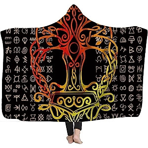 Viking 3D Printing Hooded Blanket Keeps Warm And Soft Tree Of Life Totem Unisex Winter Wearable Hooded Blanket Double Layer Thick Plush Wool Blanket Cloak ( Color : Blanket , Size : 50x60in/130x150cm
