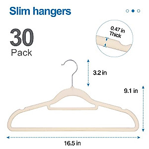 Specilite Velvet Hangers 30 Pack, Ivory Clothes Hangers Non Slip and No Shedding with 360° Swivel Hook, Ultra Thin and Space Saving Felt Hangers by Sturdy ABS Plastic, for Suits, Shirts, Coats