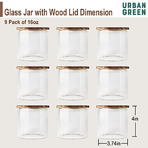 Urban Green Glass Jars with Airtight Lids, Airtight Glass Canisters with Wood Lids, Glass Food Storage Containers with Lids, Glass Food Jars for Spice and Herbs (9 Pack of 16oz)