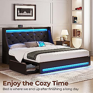 Rolanstar Queen Bed Frame with 4 Storage Drawers, Charging Station and LED Lights, PU Leather Platform Bed with Heavy Duty Wooden Slats, No Box Spring Needed, Noise Free, Easy Assembly, Black