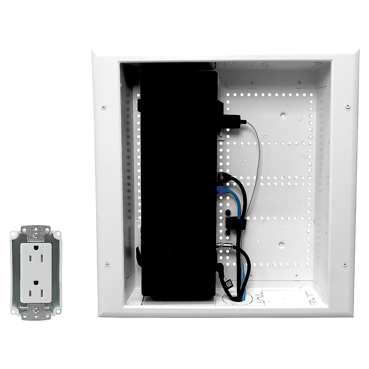 DataComm Electronics 45-8011-1P Multi-Functional Recessed Media Box with Integrated Duplex Power Receptacle For Seamless Home & Office Connectivity Solutions, In Wall Box, Hides TV Outlet & Cables