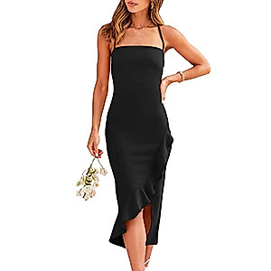 ANRABESS Womens Sexy Square Neck Spaghetti Strap Party Dress Bodycon Split Ruffled Hem Midi Dresses Black A907-heise-XL