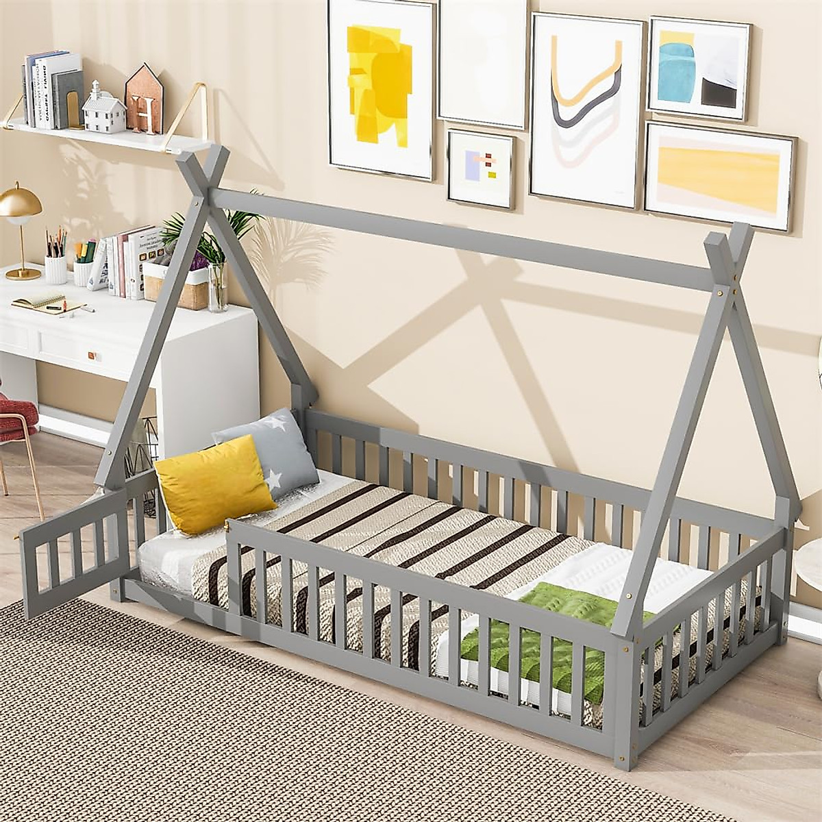 TURRIDU Twin Tent-Shaped Solid Wood Bed with Door & Guardrails,Montessori Floor Bed Frame with Wood Slat Support, Grey Teepee Bed for Toddlers Boys Girls, No Box Spring Needed