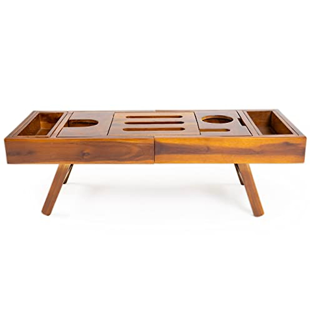 Ala Teak Wood Luxury Bathtub Caddy Tray with Extendable Sides and Bed Tray, Reading Rack, Tablet Holder