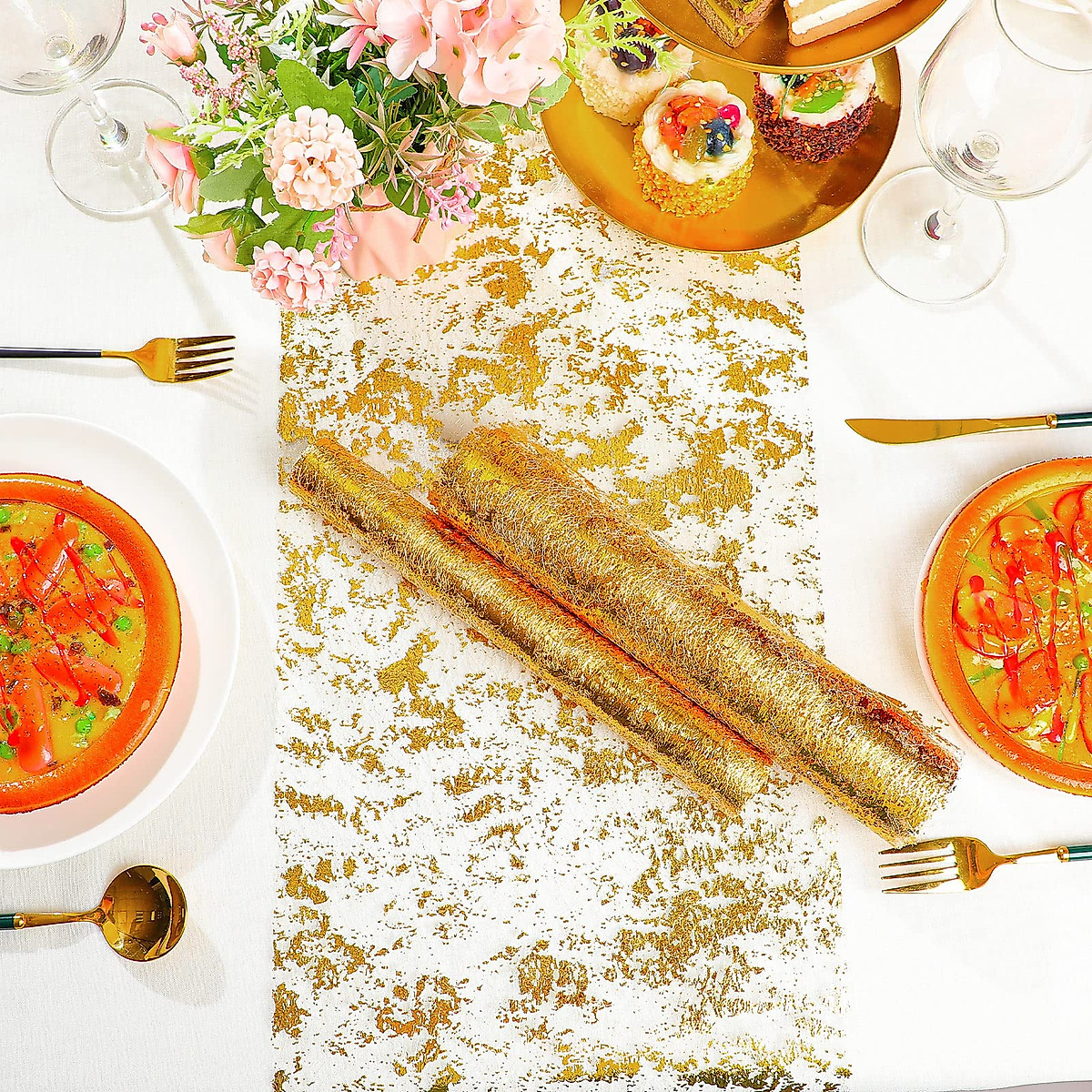 12 Pieces Gold Table Runner Metallic Thin Mesh Table Runner Roll 11 x 84 Inches Gold Table Decorations for Party Glitter Table Runner Rectangle Thin Table Cloths for Wedding Baby Shower Birthday