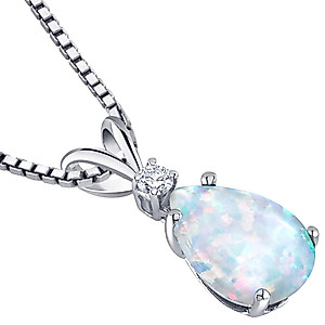 PEORA 14K White Gold Created White Opal with Genuine Diamond Pendant, Elegant Teardrop Solitaire, Pear Shape, 10x7mm, 1 Carat total