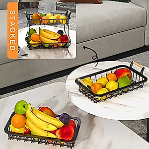 2 Tier Fruit Storage Basket Countertop for Kitchen, Bread Vegetable Farmhouse Fruit Basket Bowl Stand Detachable Metal Wire Basket with Wooden Handle for Kitchen, Reception, Dining Table（Black）