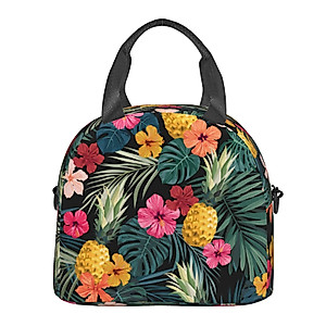 Palm Leaves Hibiscus Flowers Lunch Bag Tropical Pineapples Fruit Reusable Insulated Lunch Tote Bag Lunchbox Container With Adjustable Shoulder Strap For Office Work School Picnic Travel