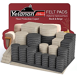 Yelanon Felt Furniture Pads - 216 Pcs Furniture Pads Hardwoods Floors Self Adhesive, Cuttable Felt Chair Pads, Anti Scratch Floor Protectors for Furniture Feet Chair Legs, Beige & Black