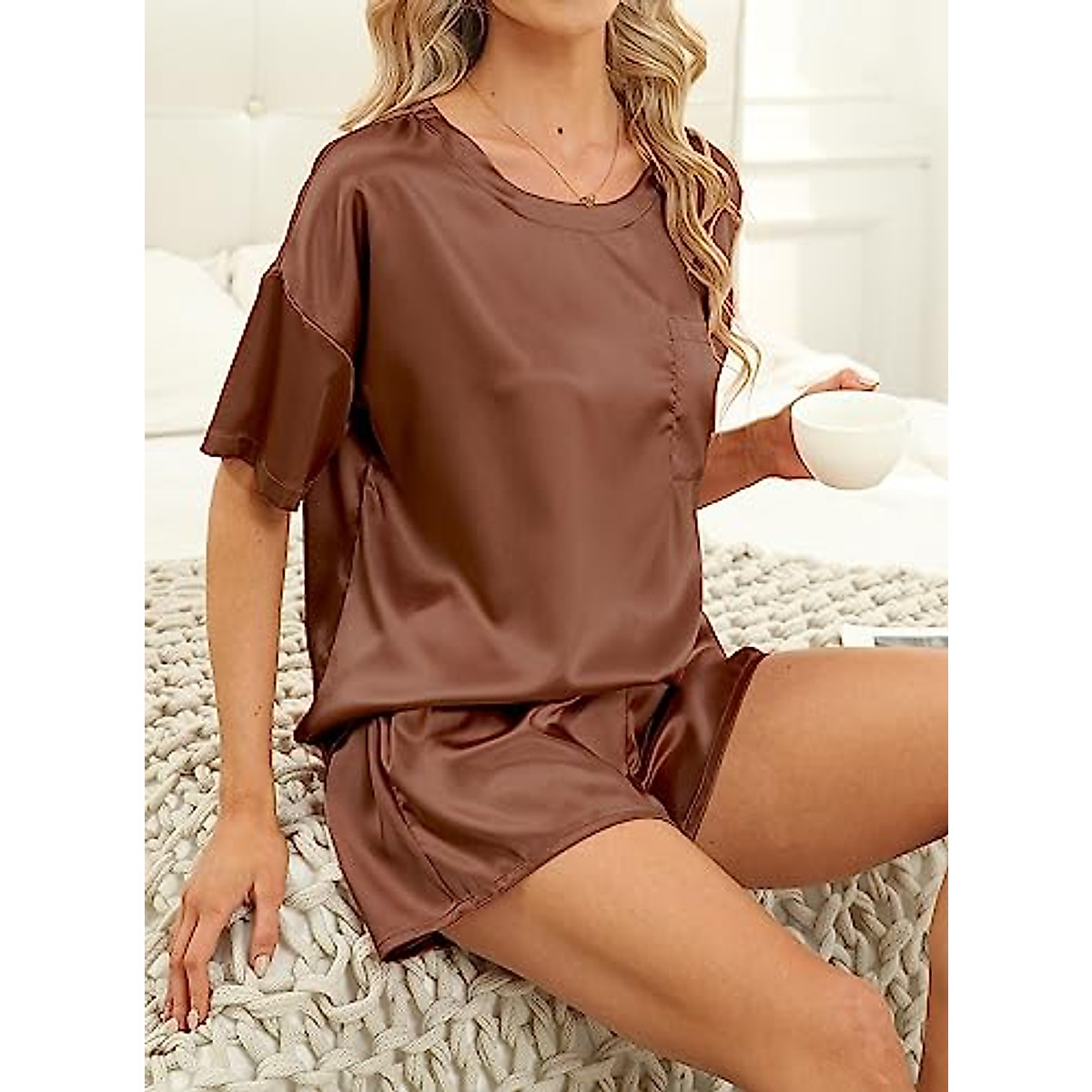 BEKOFO Silk Satin Pajama Sets Pj Satin Set Silk Pj for Women Set Satin Pajamas Shorts Pj Shorts and Silk Tshirt Summer Lounge Satin Set Brown Large