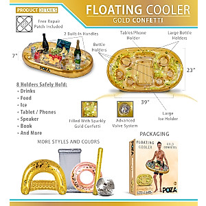 POZA Inflatable Gold Floating Cooler - Luxurious Drink Holder Filled with Sparkly Confetti, Premium Party Float with 8 Holders, Serving Bar for Beach, Lake, Hot Tub, Jacuzzi and Pool - 39x23 Inches