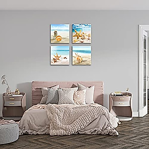Cbaipy Ocean Wall Art, Bathroom Wall Art, Beach Wall Art Decor, Modern Canvas Wall Art Decorations for Bathroom Bedroom and Living Room (Starfish, 12" Wx12 Hx4pcs)