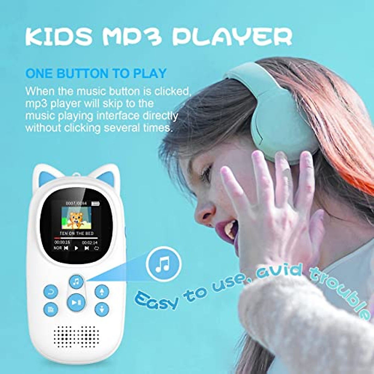 32GB MP3 Player for Kids, 90H Long Battery Life Kids Mp3 Player with Bluetooth 5.0, Oilsky Music Player with FM Radio, HD Speaker, Voice Recorder, Expandable up to 128GB, White & Blue