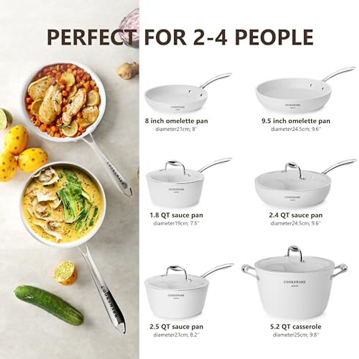 COOKSMARK Nonstick Ceramic Cookware Set, 10 Pieces White Pots and Pans Set with Glass Lids & Stainless Steel Handles, Induction Cookware Set & Dishwasher Oven Safe, Scratch-Resistant