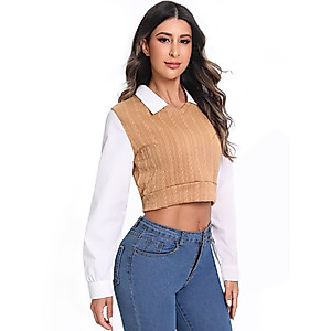 SweatyRocks Women's Collar Long Sleeve Shirt Ribbed Knit 2 in 1 Blouse Crop Top Sweater Shirt Top Cemel L