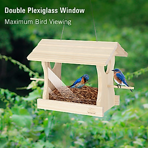 Solution4Patio Wooden Bluebird Mealworm Feeder, W/Perches, Two Side 3.2" Dia Entry Holes, Metal Mesh Tray, Large Capacity, Easy to Clean & Fill, 8.6" W x 5.6" D x 8.2" H, B101D01-US