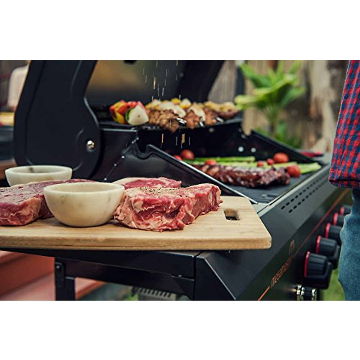 Megamaster 720-0982 5 Burner Propane Barbecue Gas Grill, Side Shelves with Hooks, for Outdoor Cooking, Patio, Garden Barbecue Grill, 50000 BTUs, Open Chart, Black