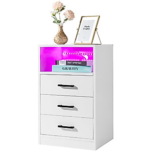 Karl home 3 Drawers Nightstand with Wireless Charging Station for Bedroom, Bedside Table with LED Lights and Storage, End Table for Living Room, AC Outlets USB Ports, Bed Side Table, White